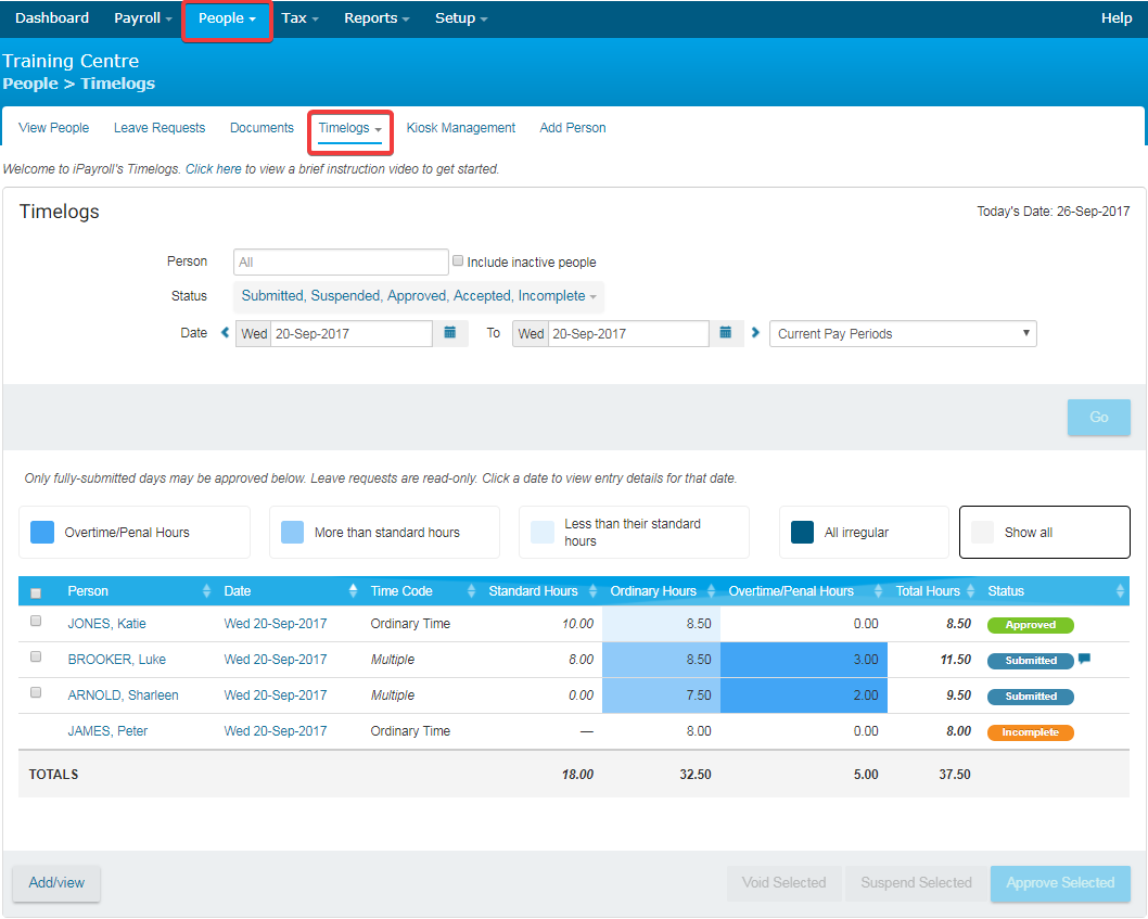 The Timelogs review screen